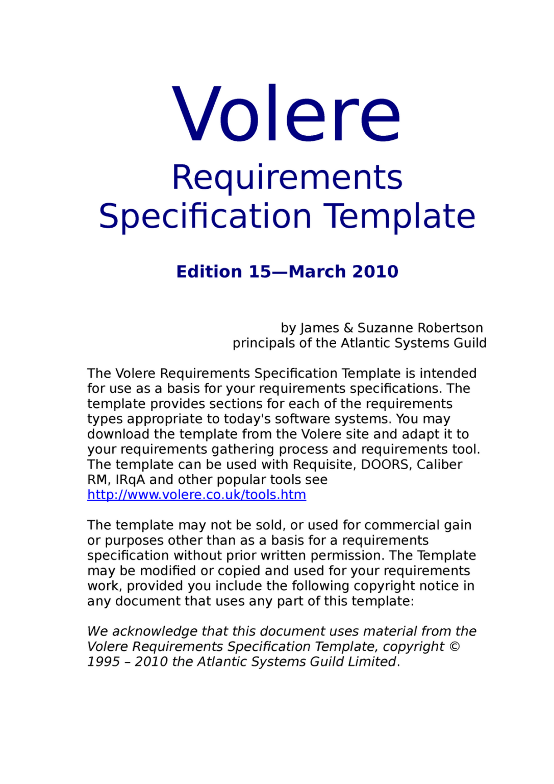 Volere Requirements Specification Template