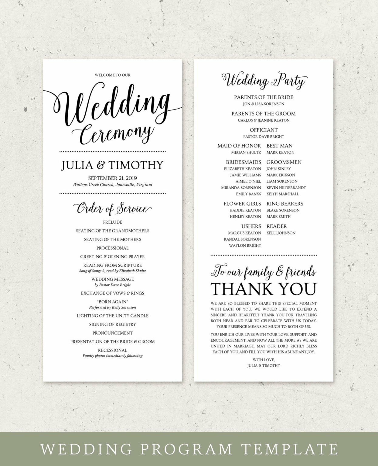 Front and Back Wedding Program Template