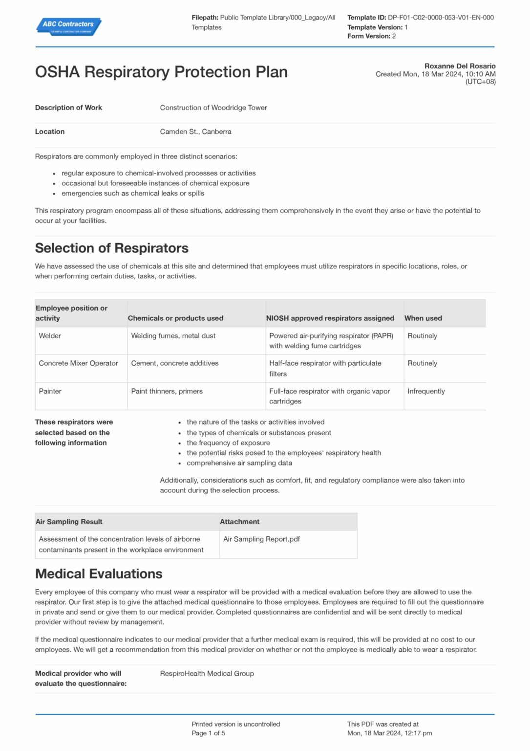 Cal OSHA Respiratory Protection Program Template