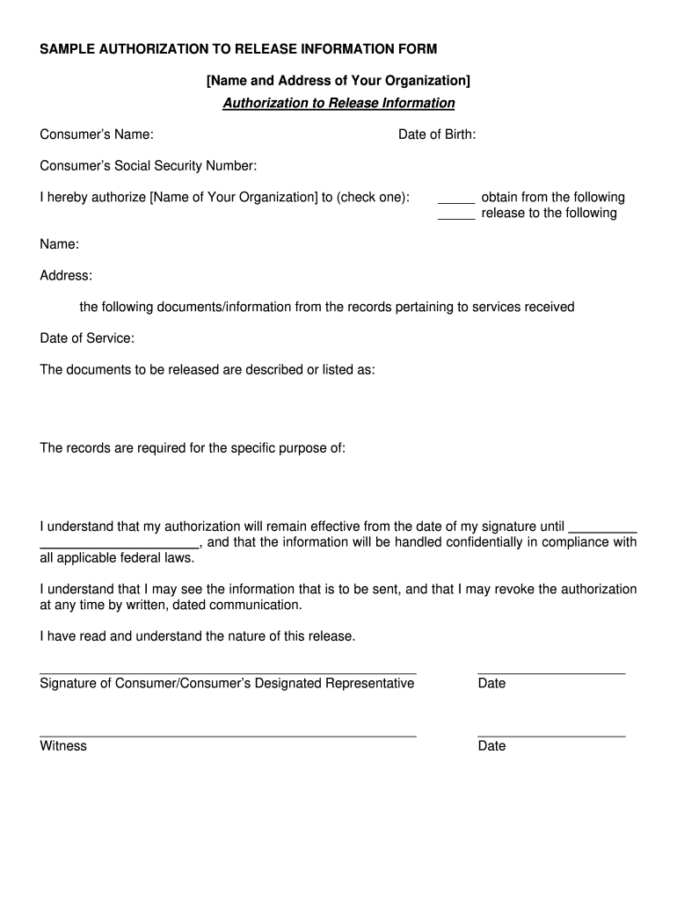 Authorization For Release Of Information Form Template