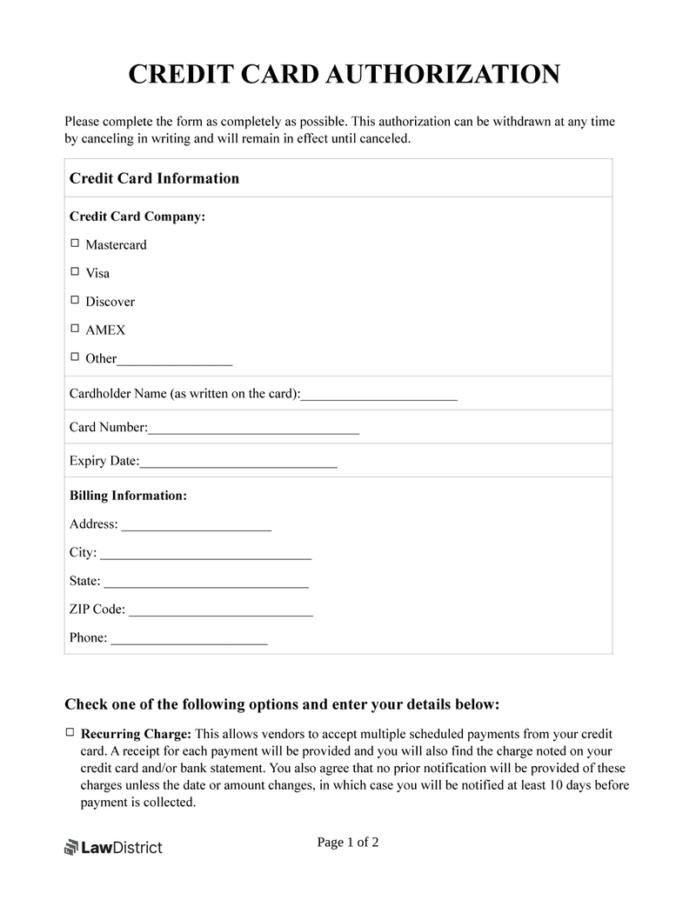 Credit Card On File Authorization Form Template