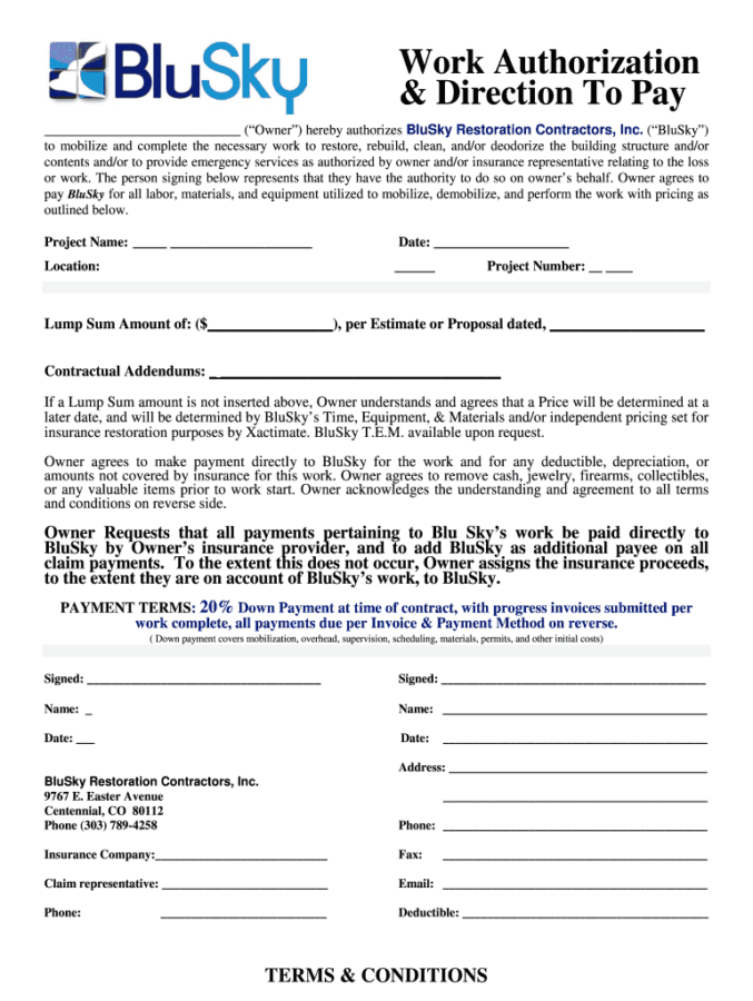 Construction Work Authorization Form Template