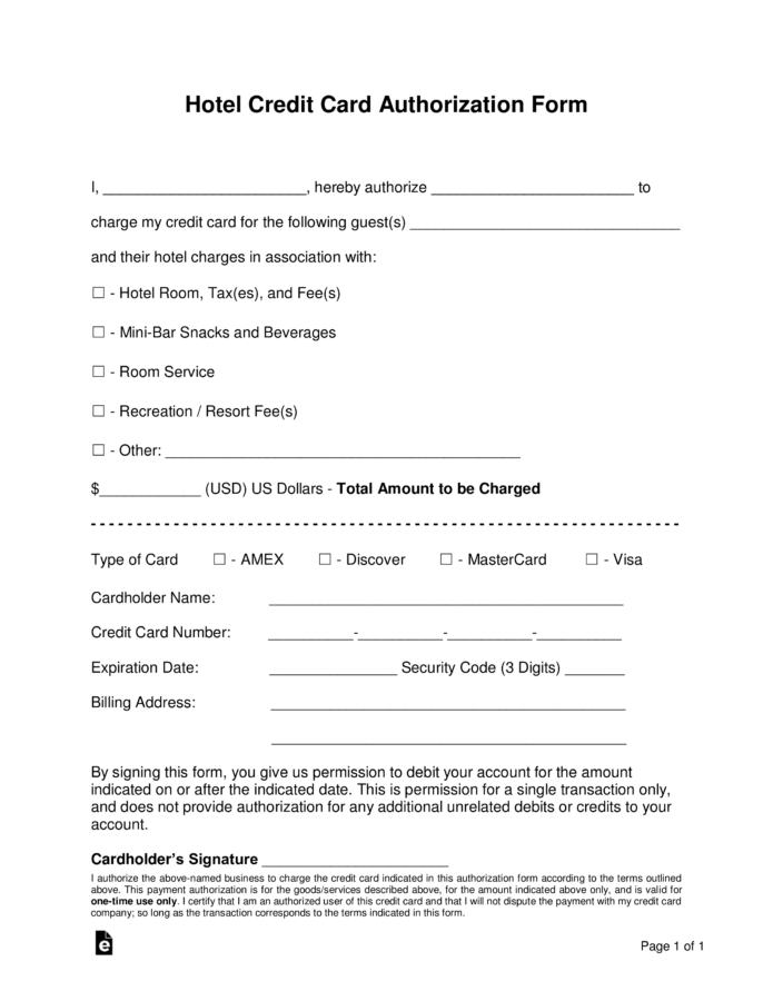 Credit Card Authorization Form Hotel Template