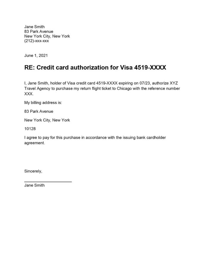 Credit Card Letter Of Authorization Template