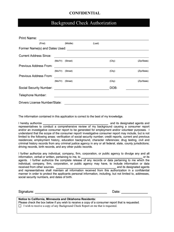 Free Criminal Background Check Authorization Form Template