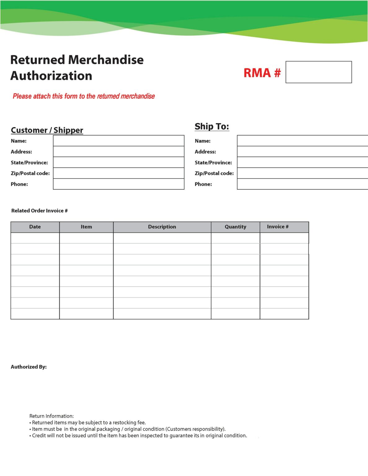 Return Authorization Form Template Free