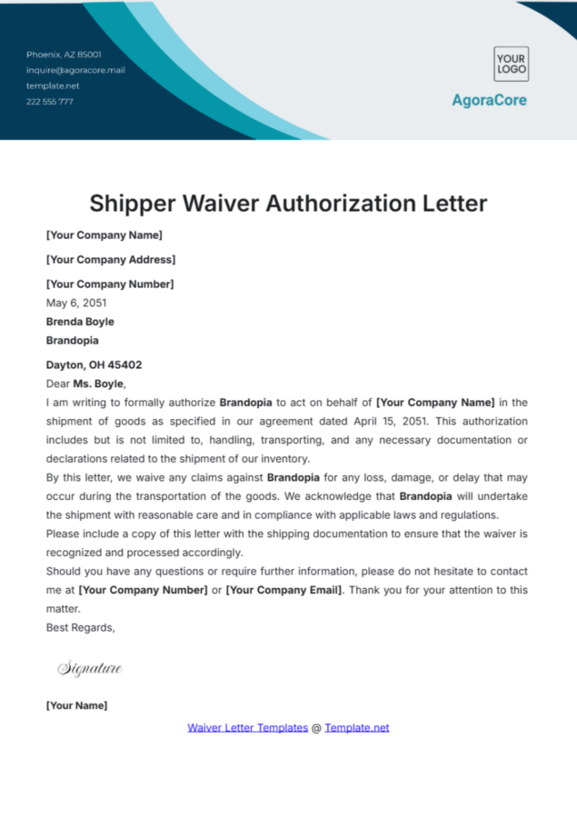 Shipper Waiver Authorization Letter Template