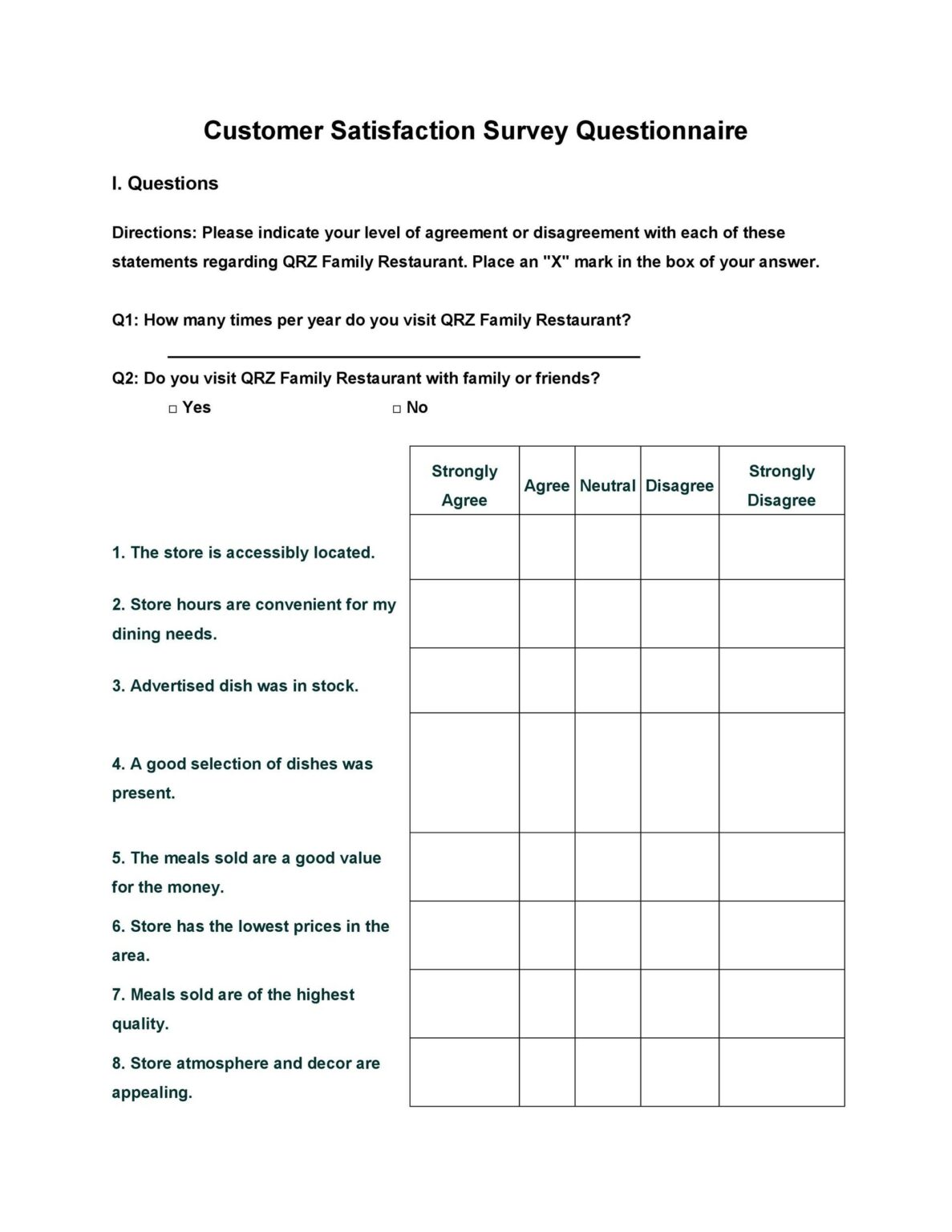 Free Sample Survey Questionnaire Template