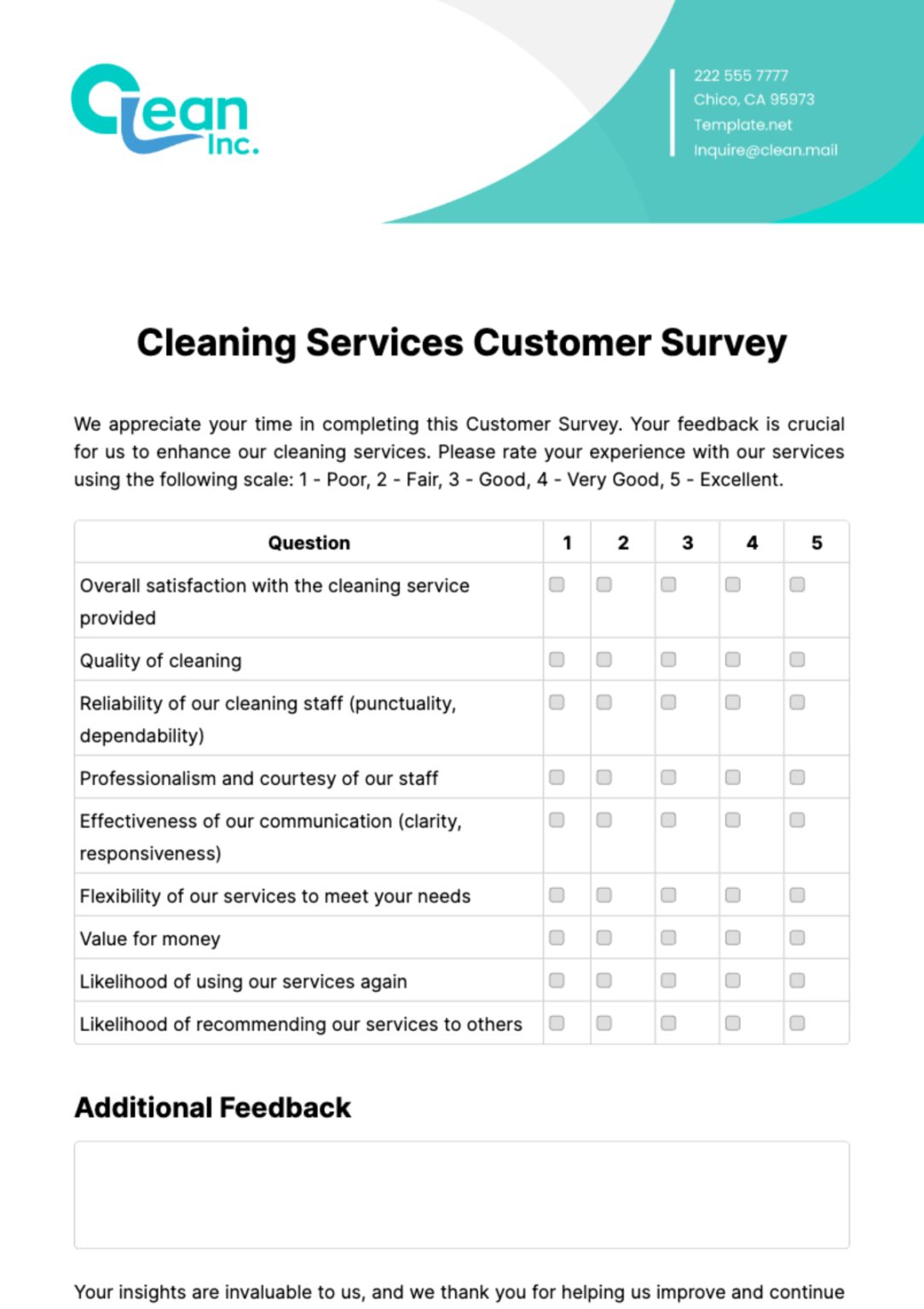 Questionnaire Cleaning Service Survey Template