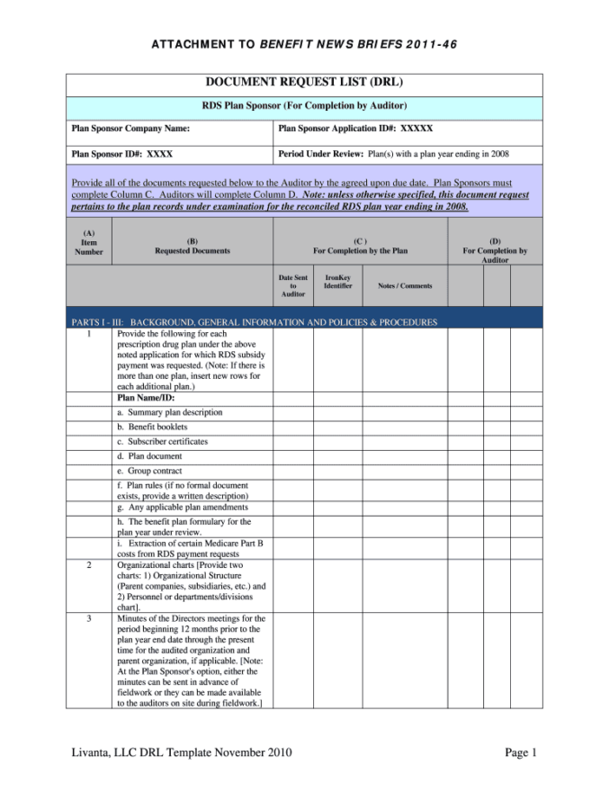 Pbc Request Checklist Template