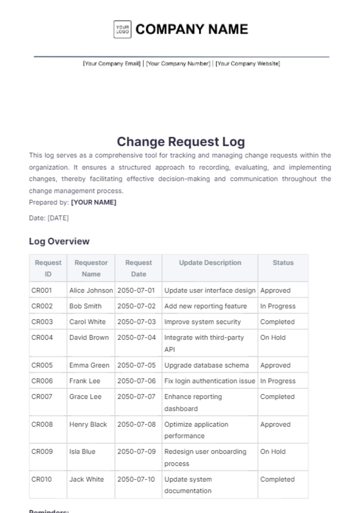 Change Request Register Template