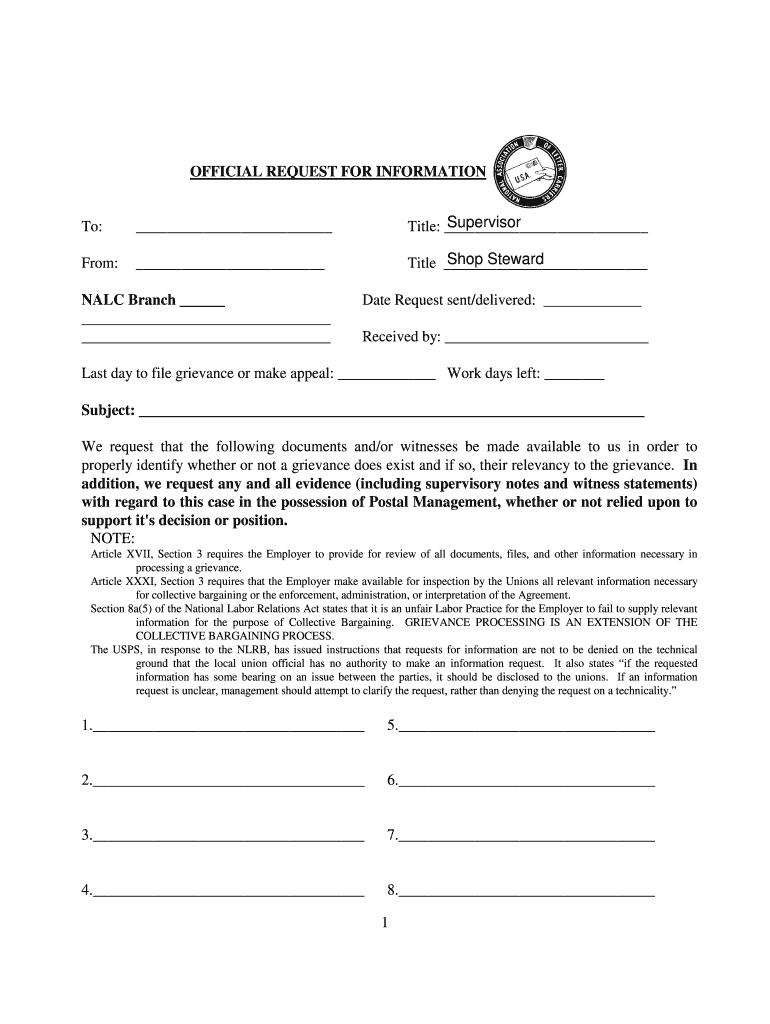 Nalc Request For Information Template