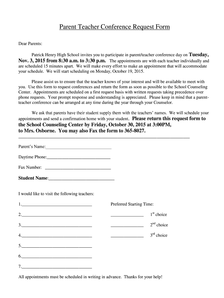 Parent Teacher Conference Request Template