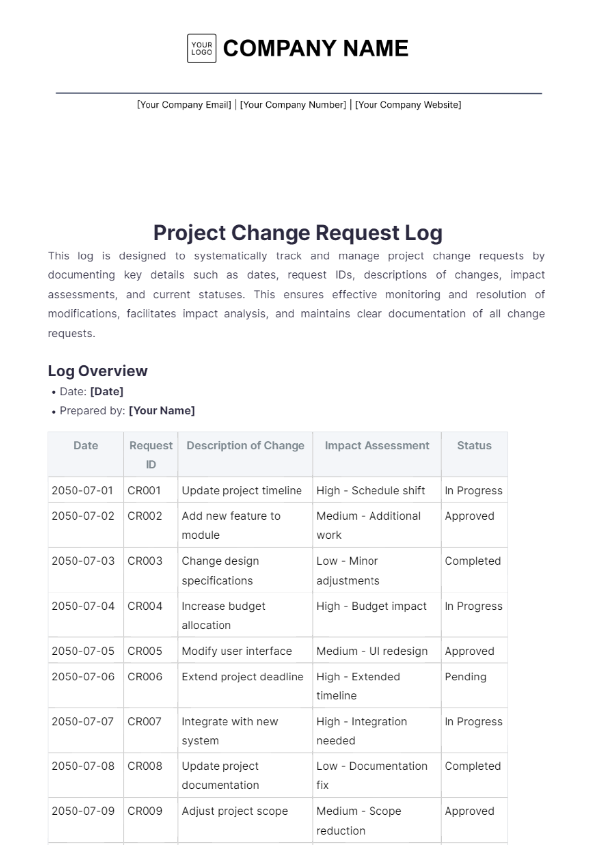 Project Change Request Log Template