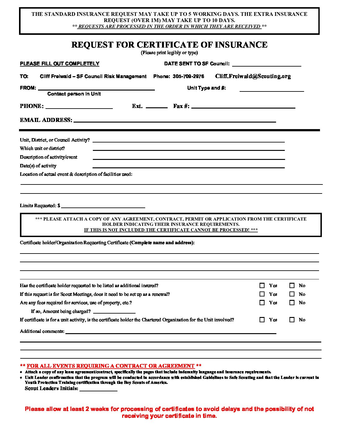 Request For Certificate Of Insurance Template