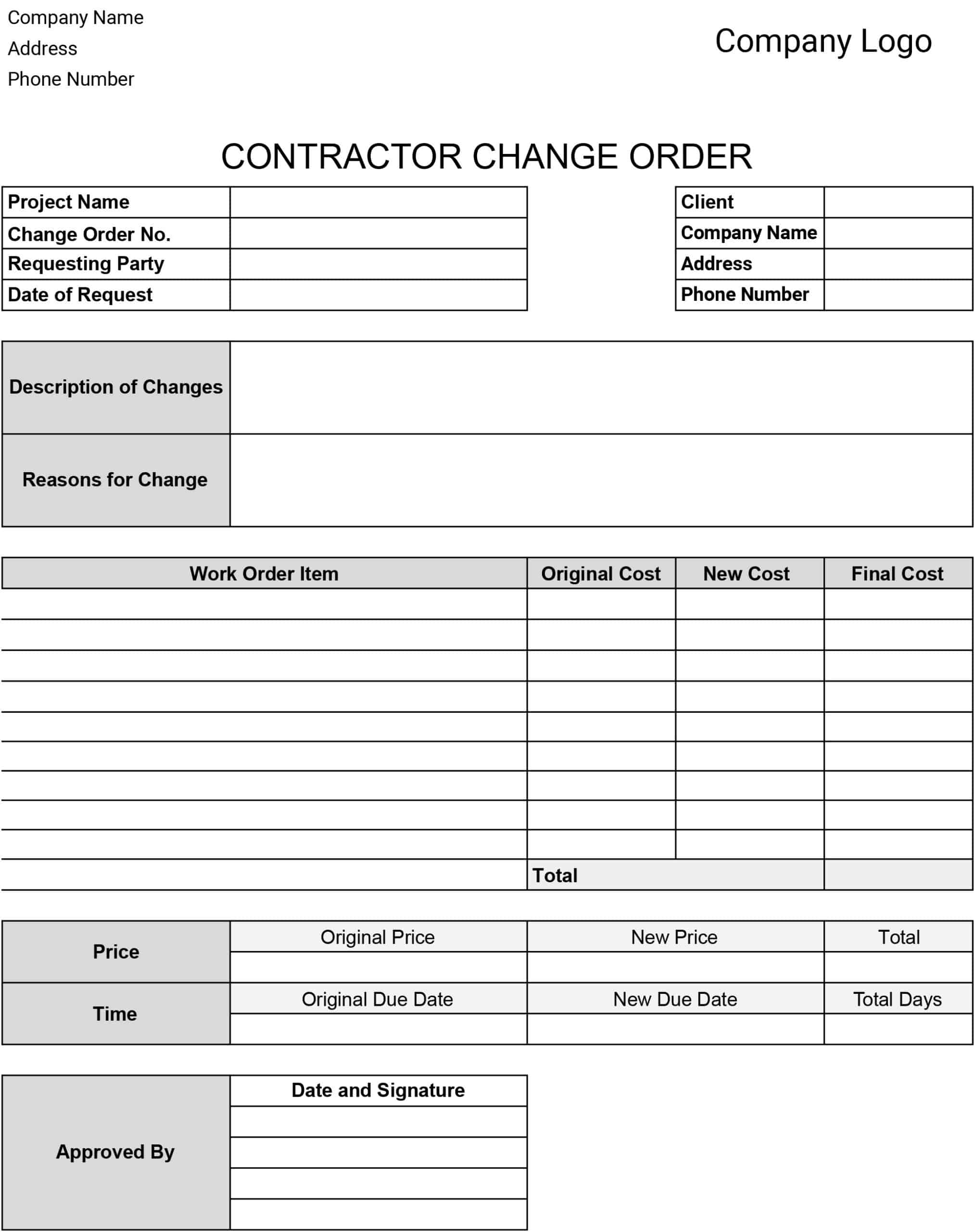 Request For Change Order Template Construction