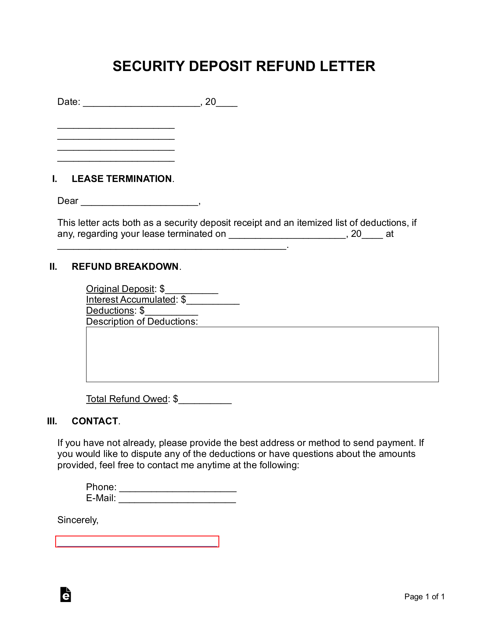 Request For Security Deposit Refund Template