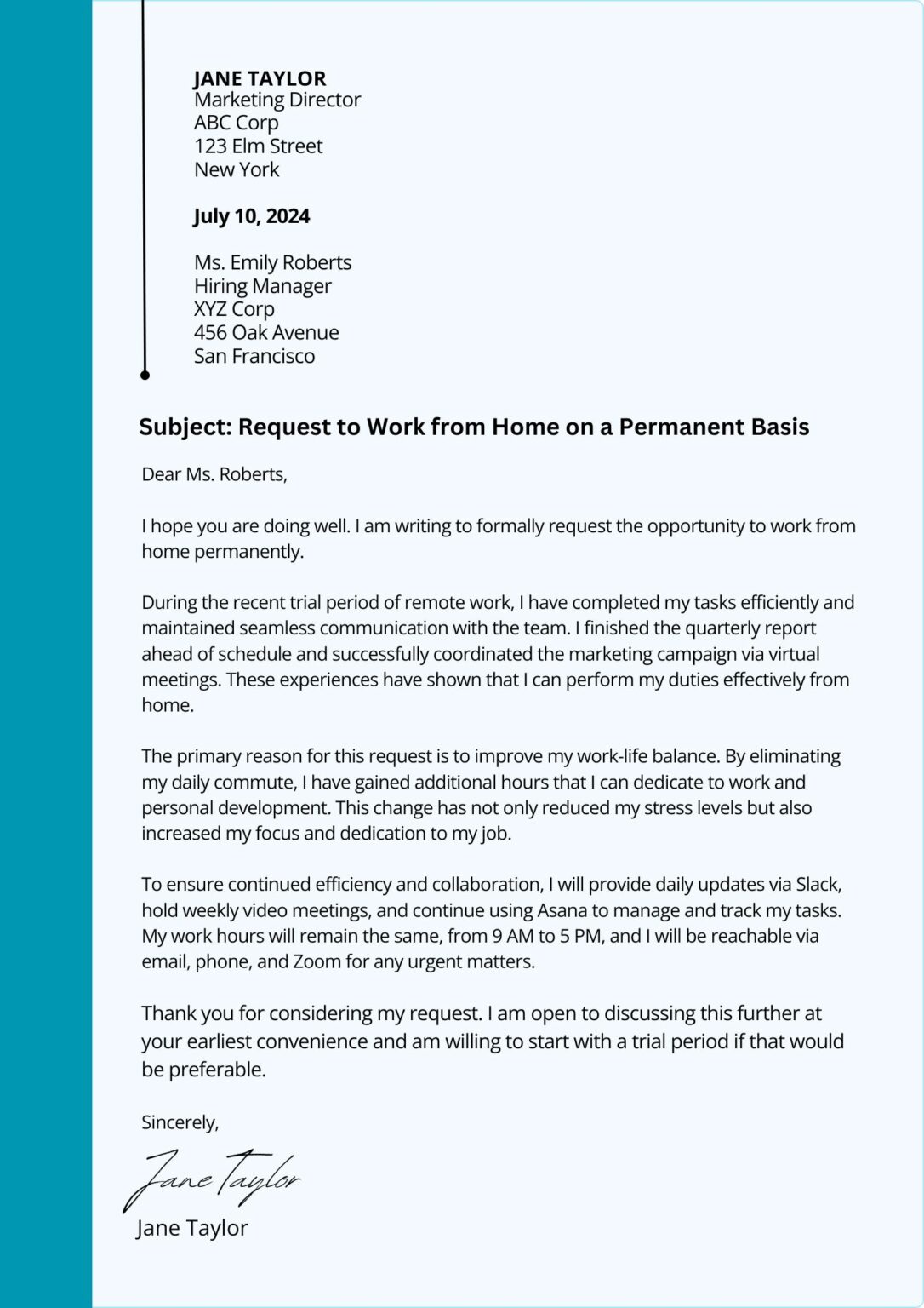 Request To Work From Home Permanently Template