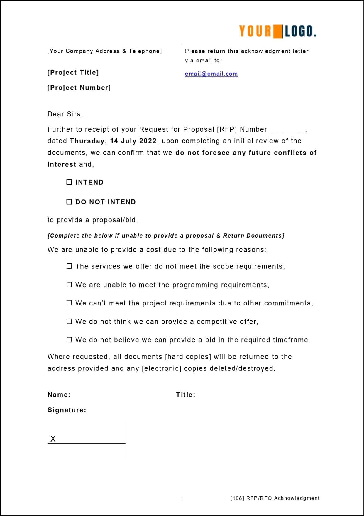 Response To Request For Quotation Template