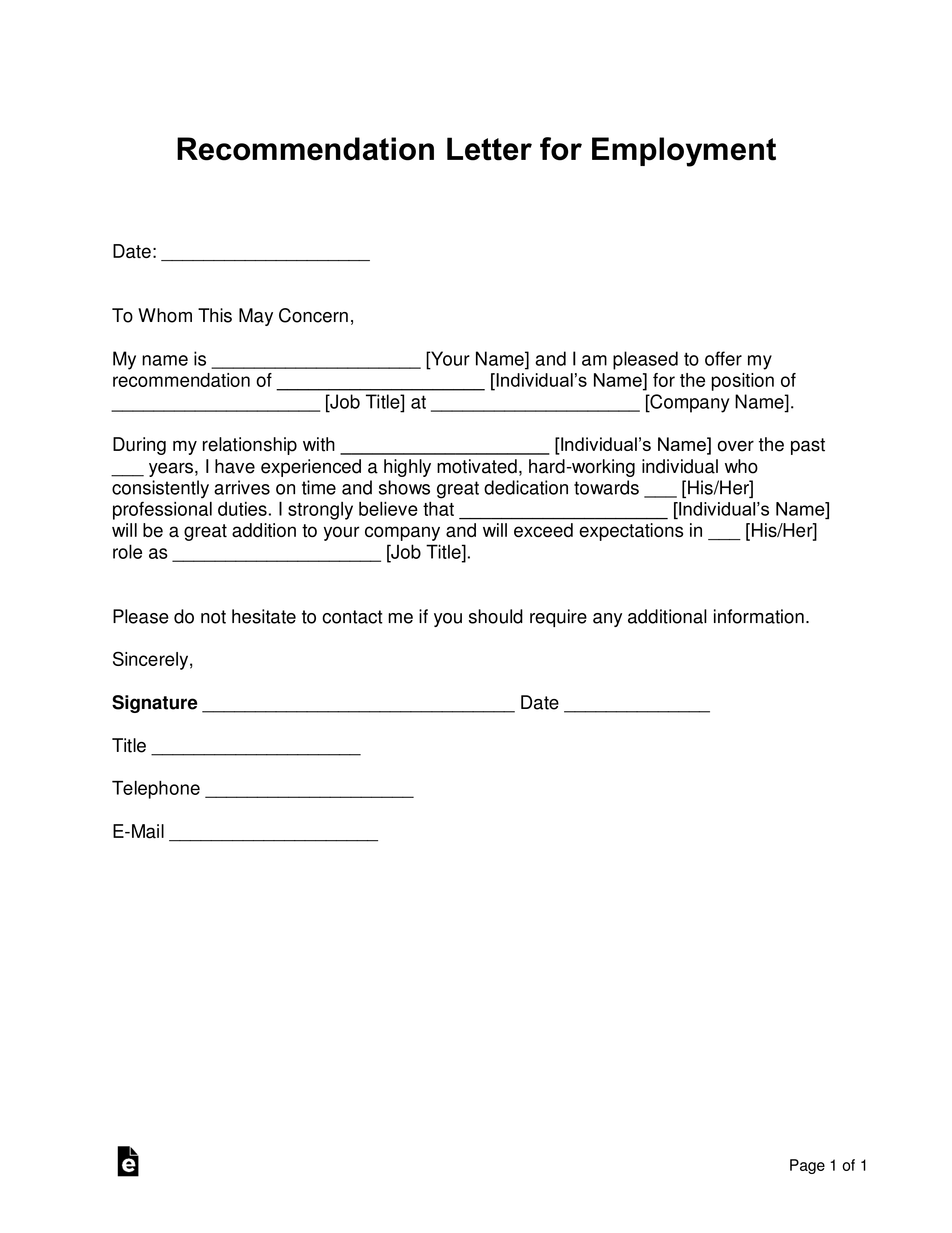 Standard Employment Reference Reference Request Template