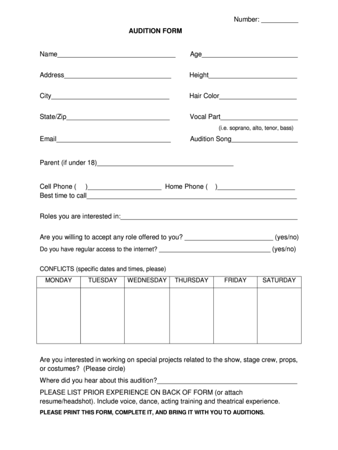 Audition Sign In Sheet Template