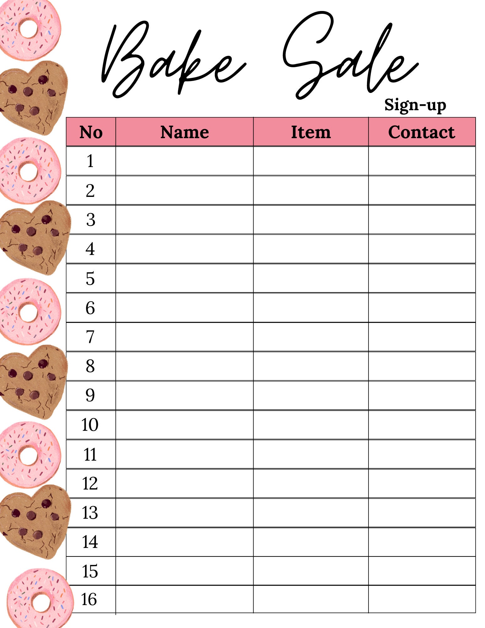 Bake Sale Sign Up Sheet Template