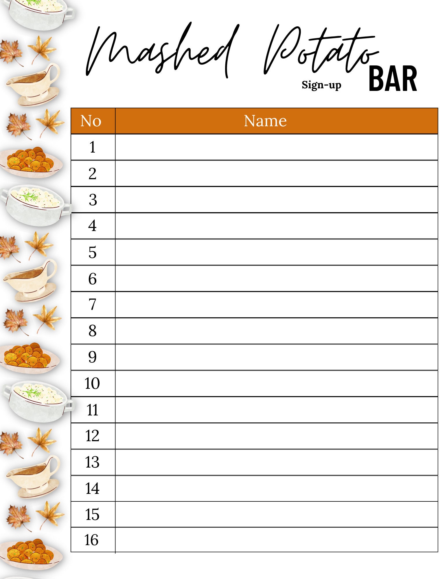 Baked Potato Bar Sign Up Sheet Template