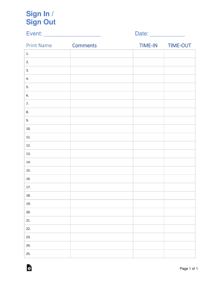 Daily Sign Off Sheet Template