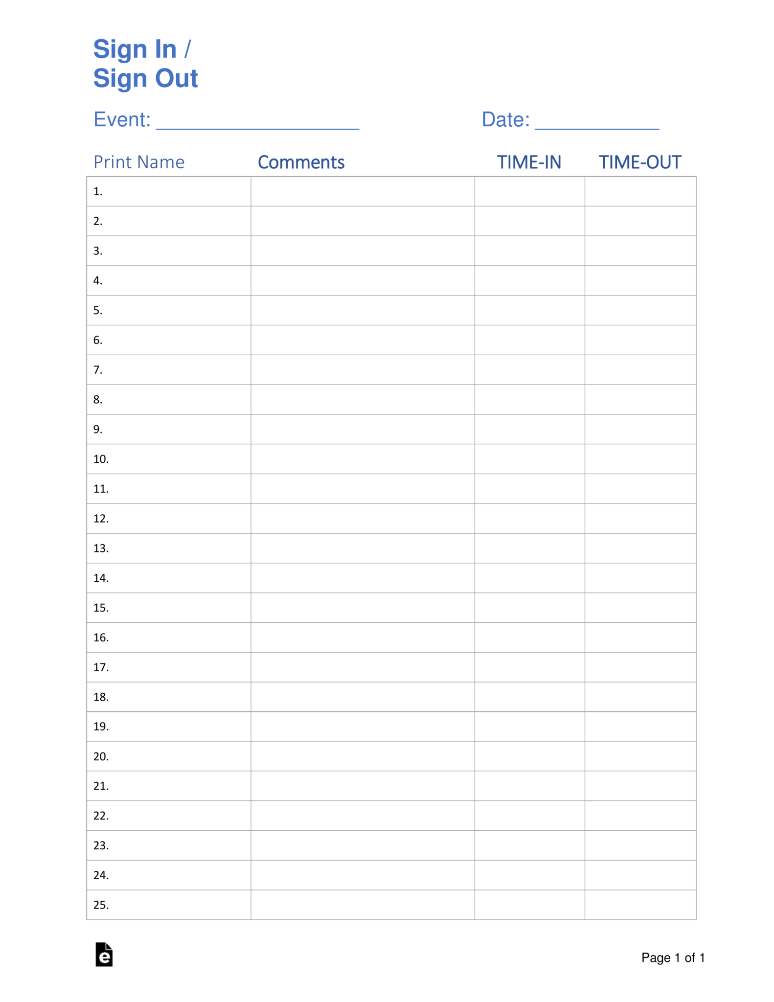 Blank Printable Sign Out Sheet Template
