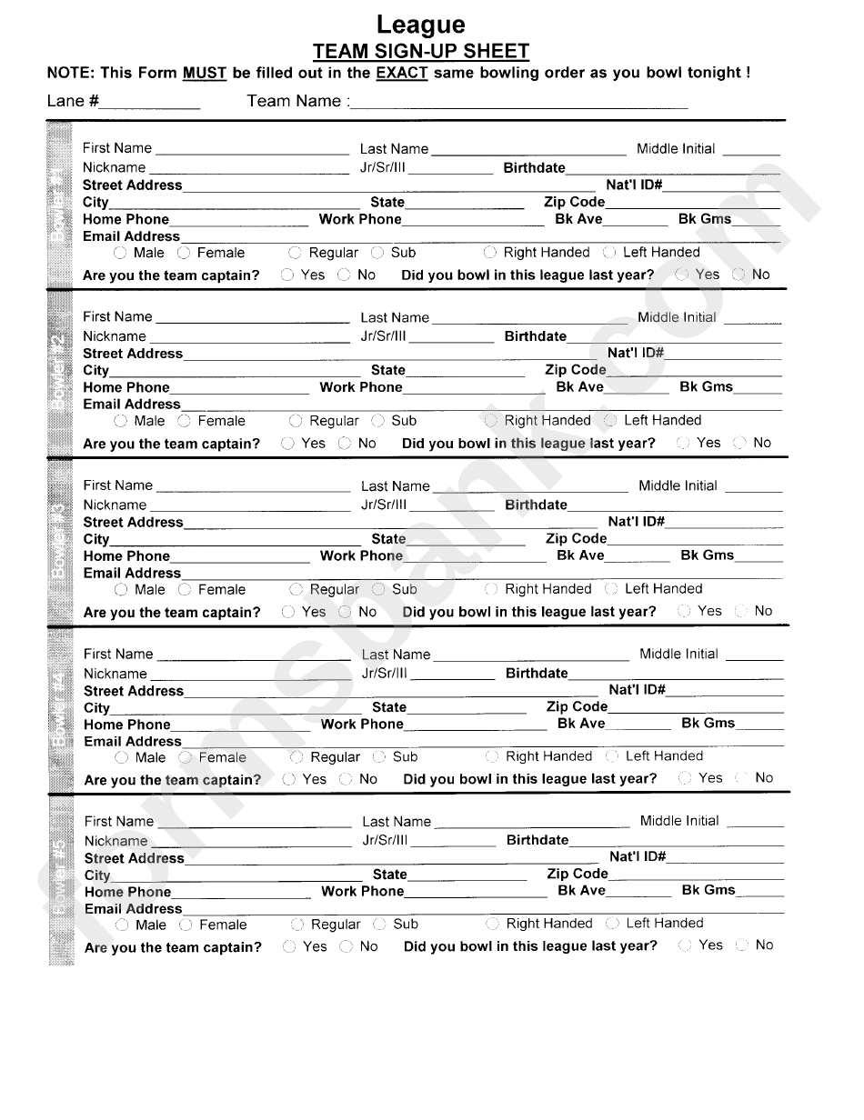 Bowling Sign Up Sheet Template