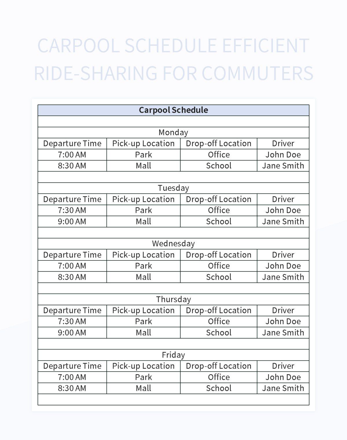 Carpool Sign Up Sheet Template