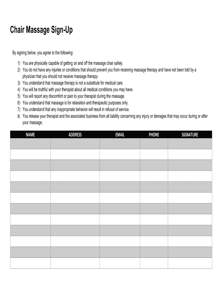 Chair Massage Sign Up Sheet Template