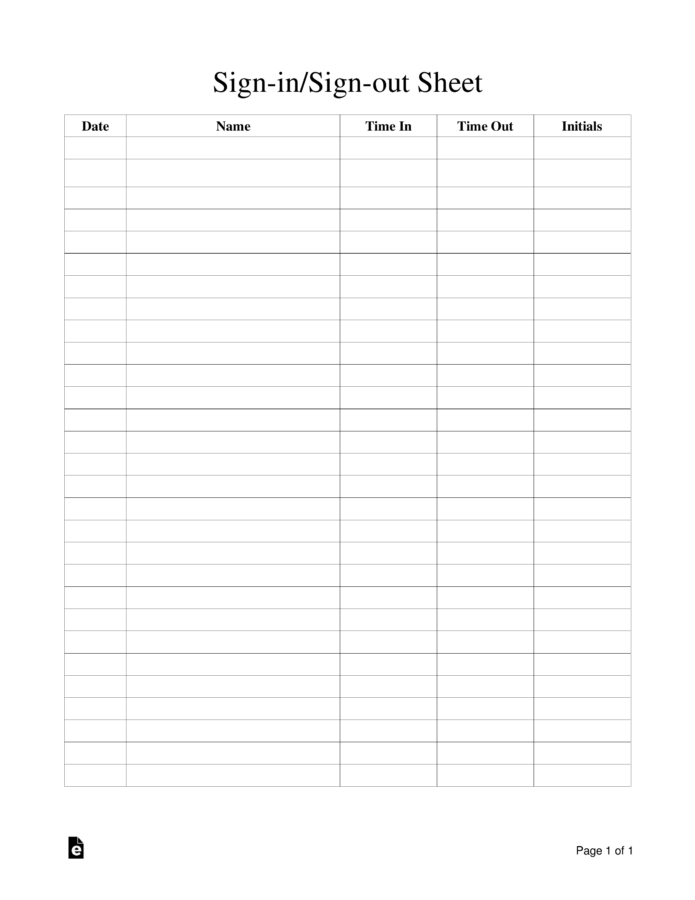 Blank Printable Sign Out Sheet Template