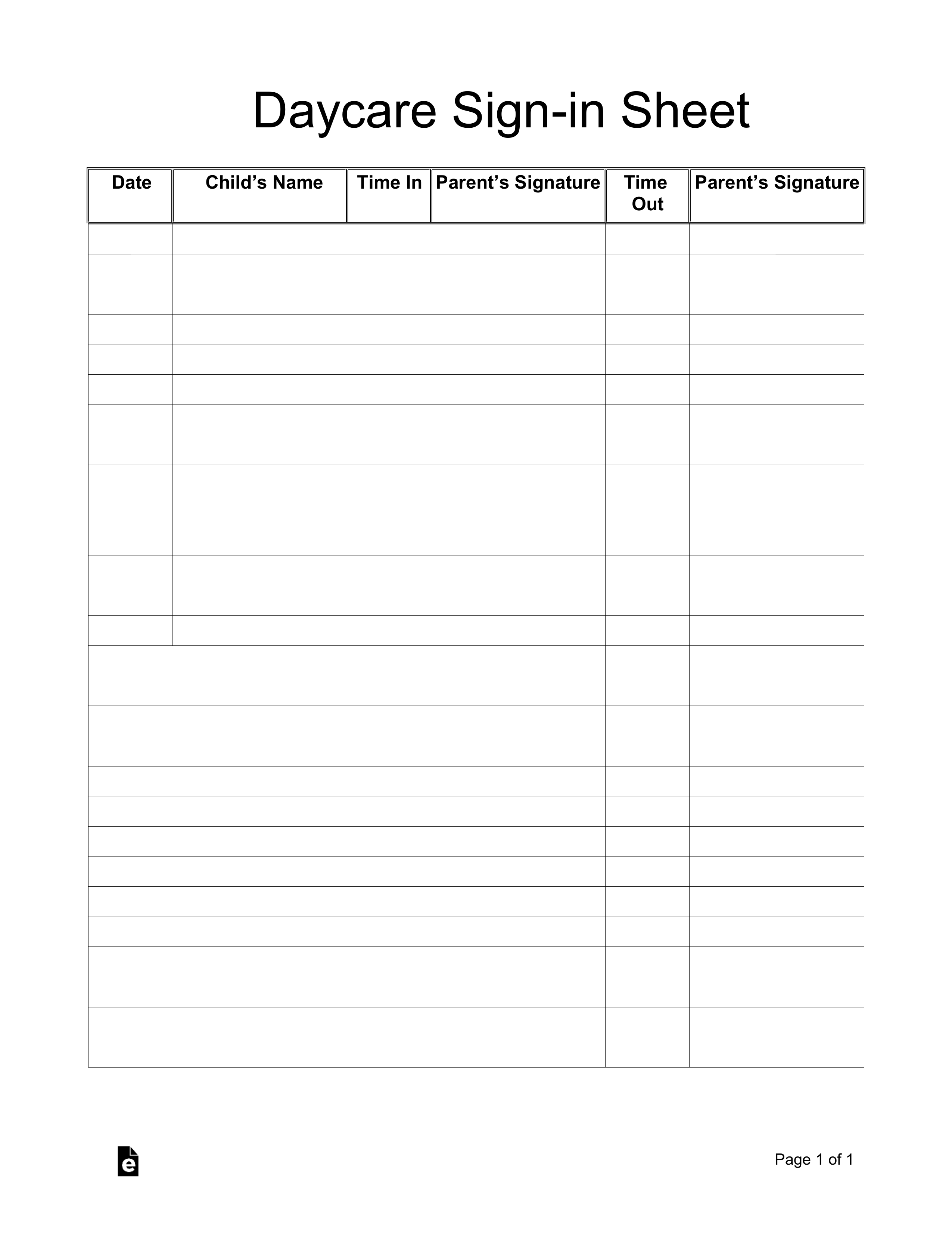 Childcare Sign In Sheet Template