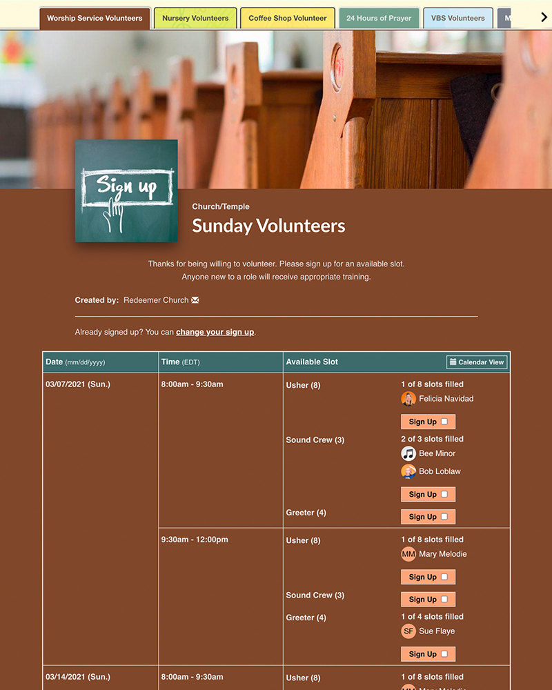 Church Volunteer Sign Up Sheet Template