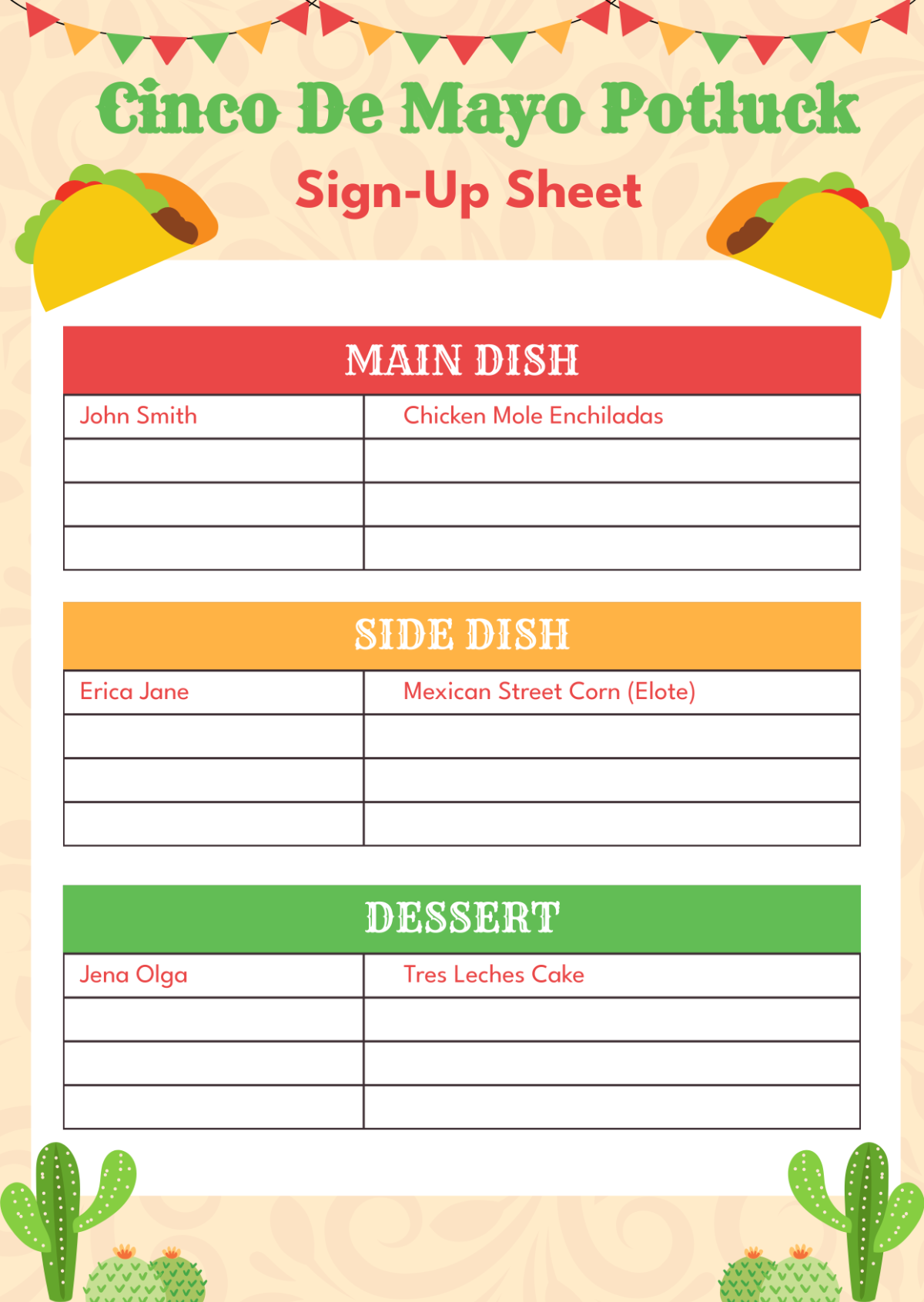 Cinco De Mayo Potluck Sign Up Sheet Template