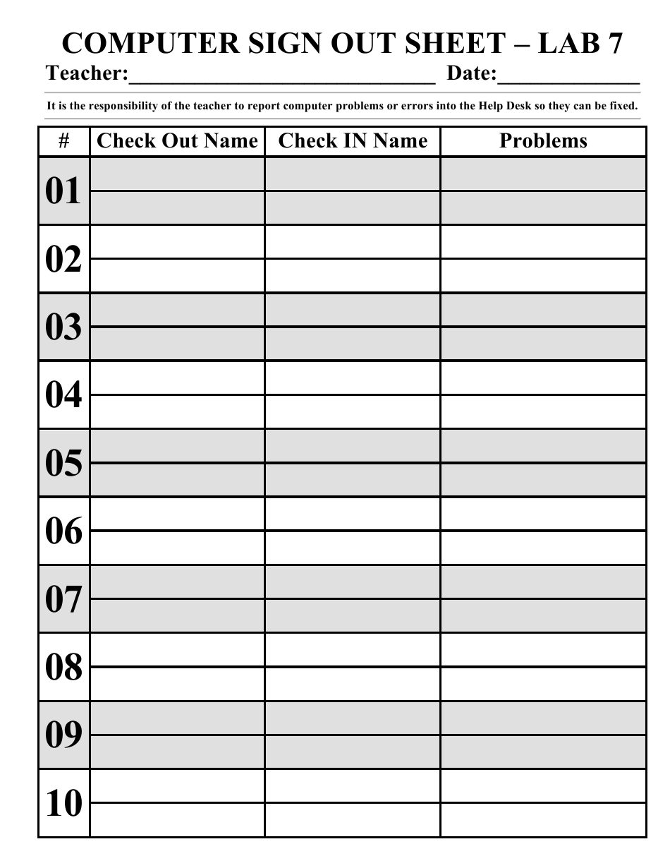 Computer Lab Sign In Sheet Template