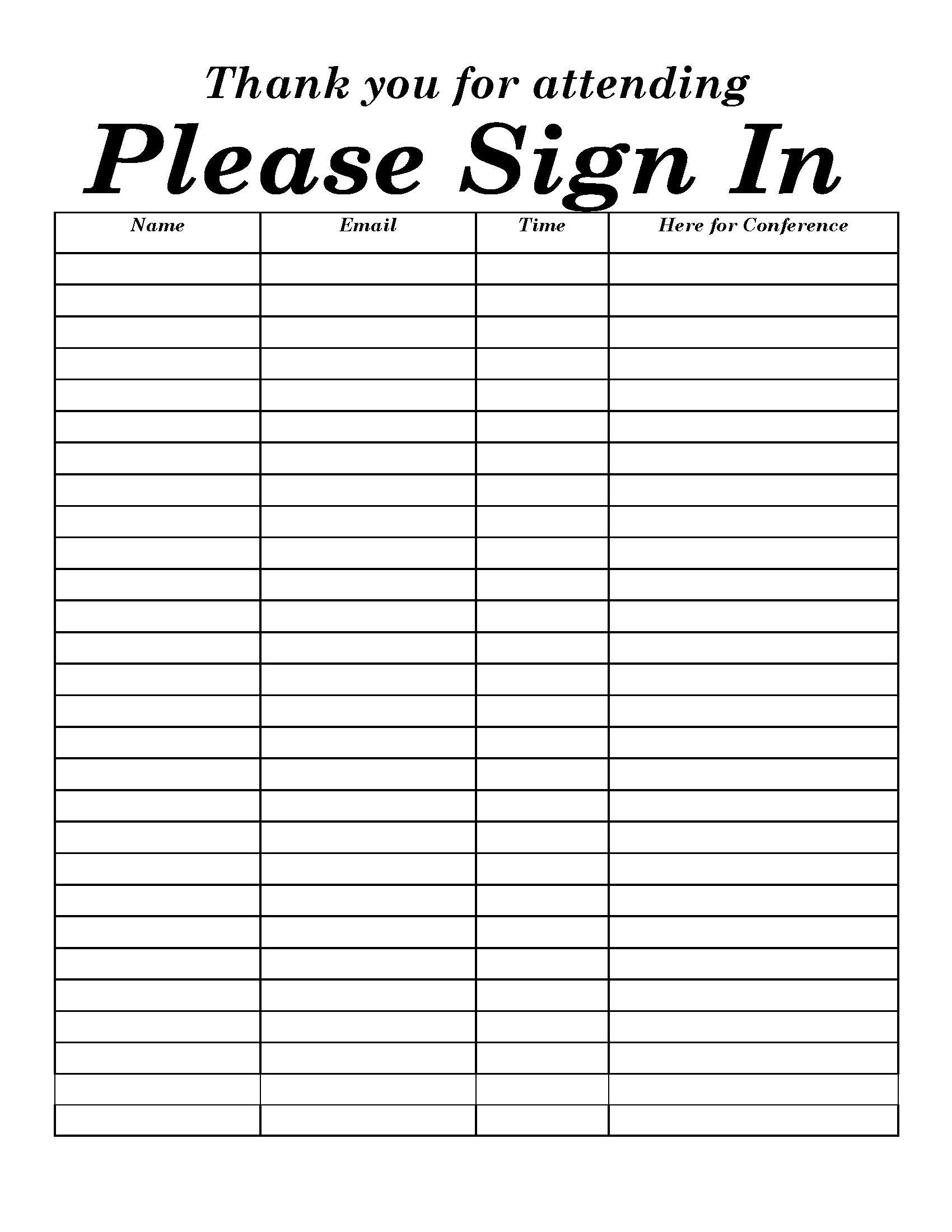 Conference Sign In Sheet Template
