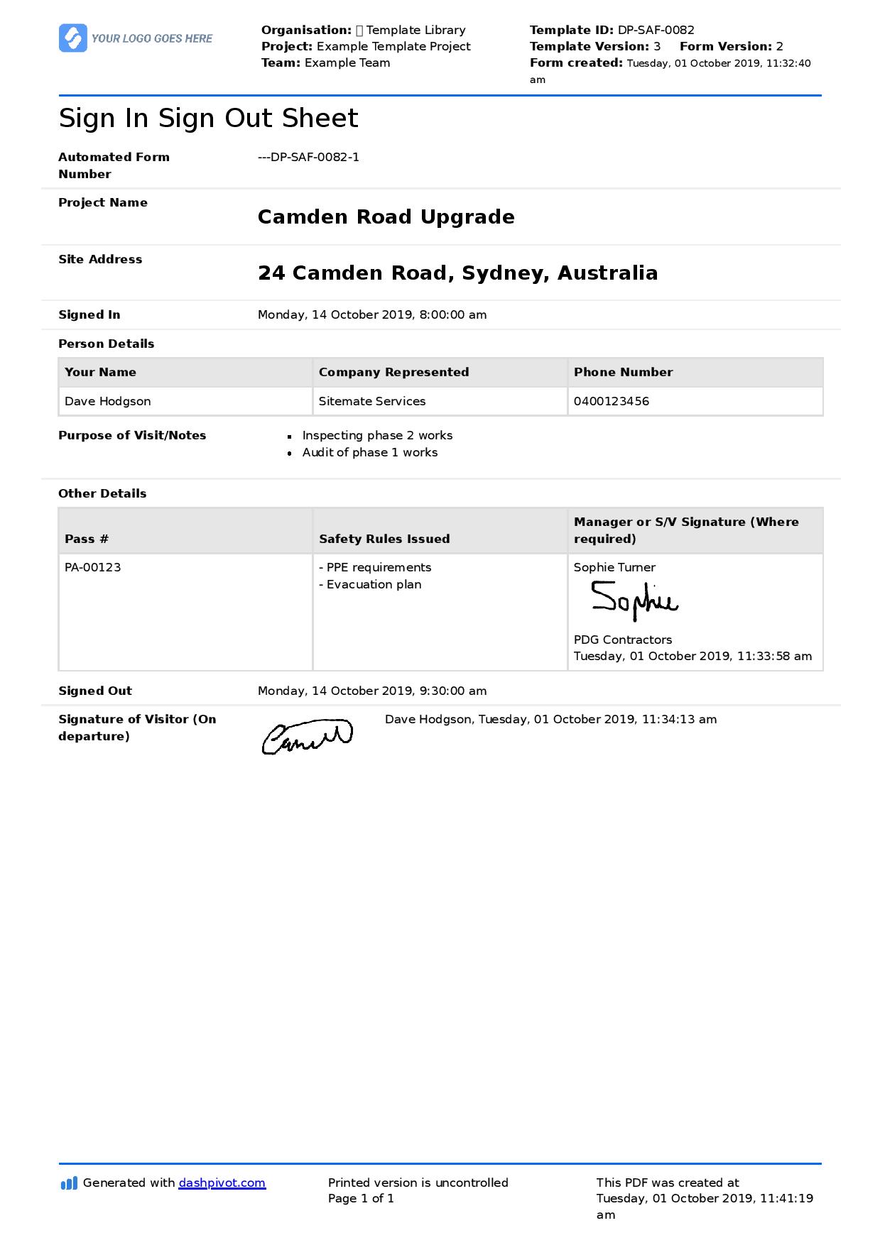 Contractor Sign In Sheet Template