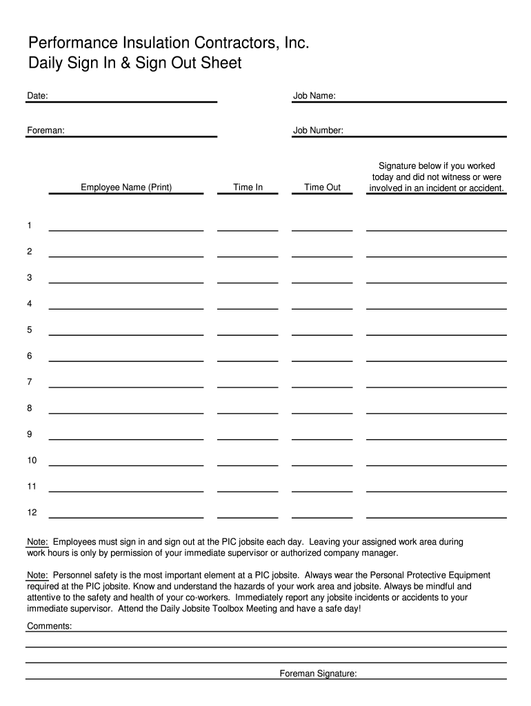 Contractor Sign In Sheet Template
