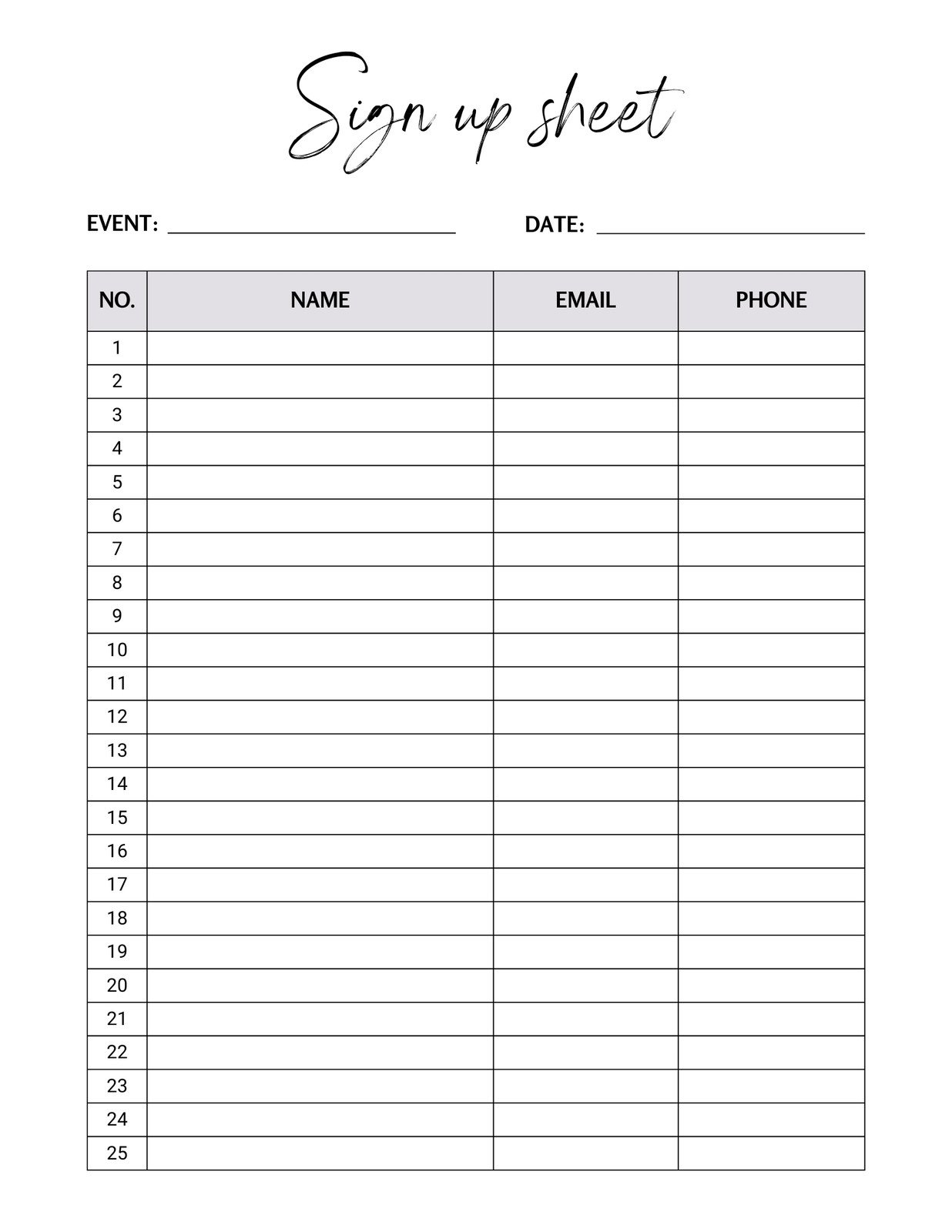 Cute Sign Up Sheet Template