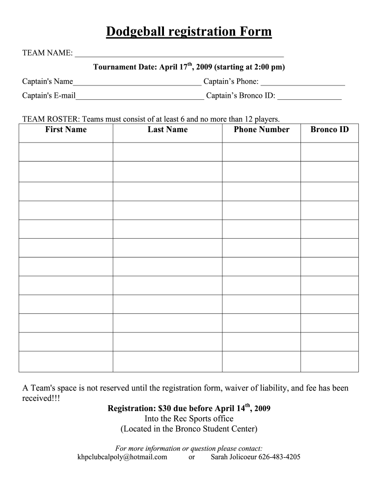 Dodgeball Sign Up Sheet Template
