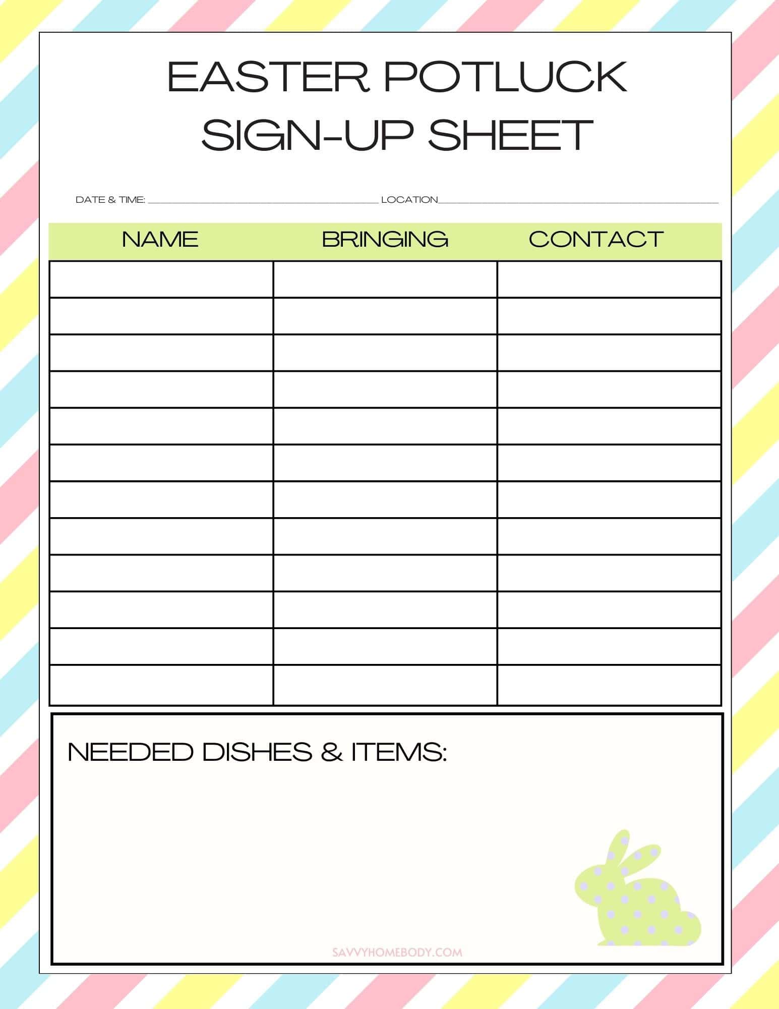 Easter Party Sign Up Sheet Template