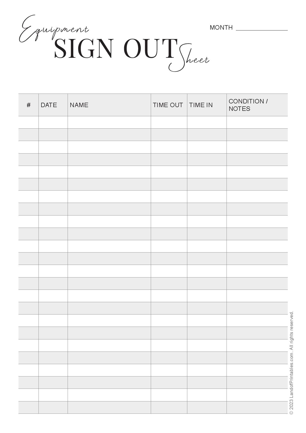 Equipment Sign In and Out Sheet Template