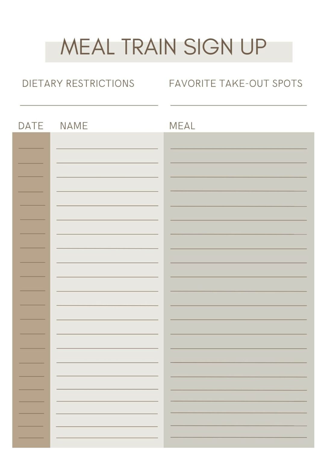 Meal Train Sign Up Sheet Template