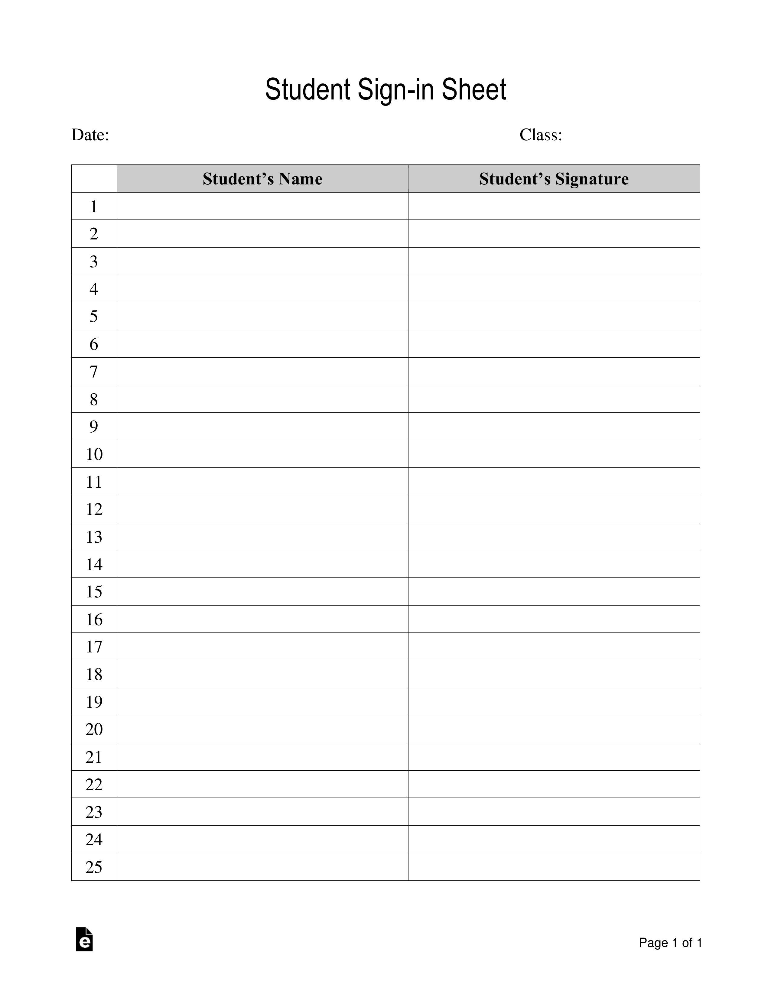 Student Sign In Sheet Template