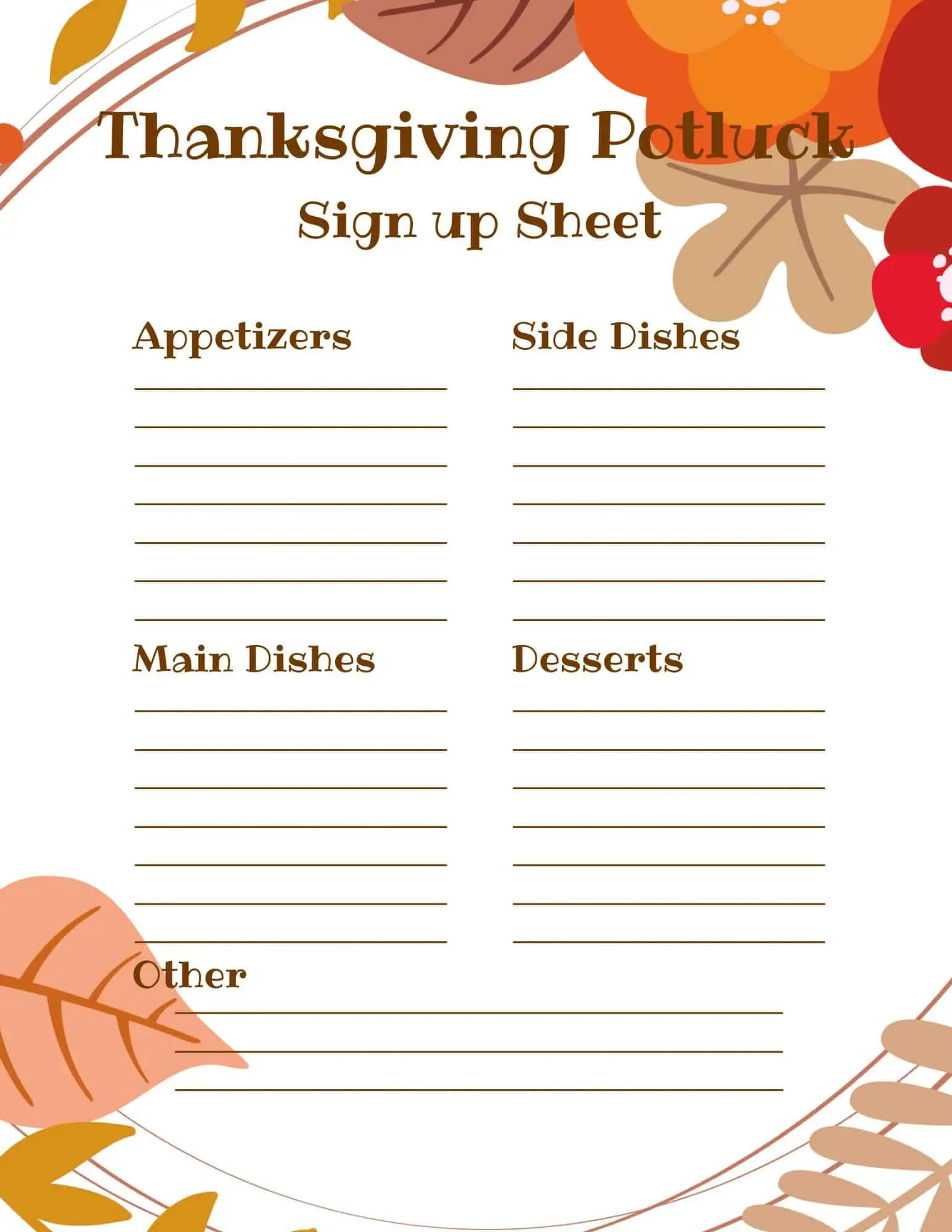 Thanksgiving Potluck Sign Up Sheet Template