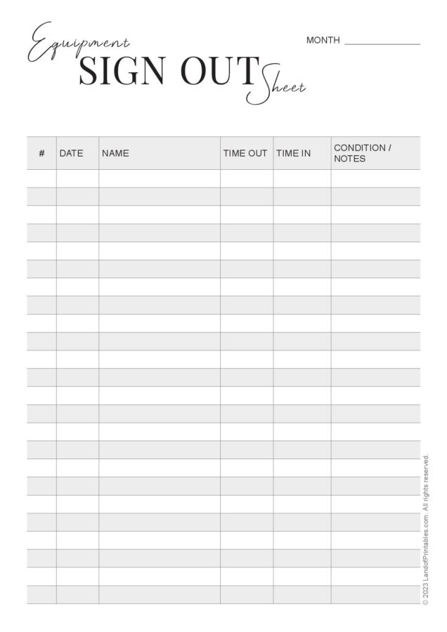 Sign Out Sheet For Keys Template