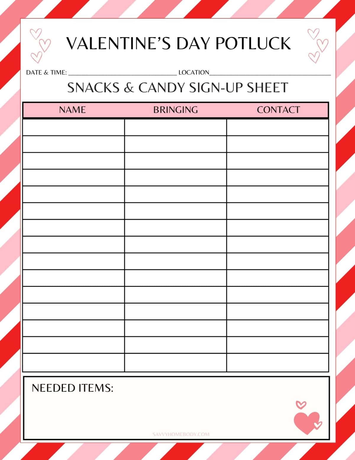 Valentine Sign Up Sheet Template