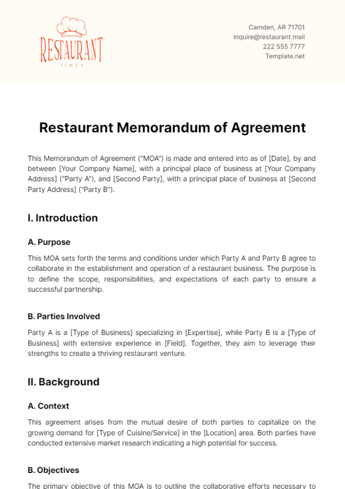Food Stall Memorandum of Understanding Template